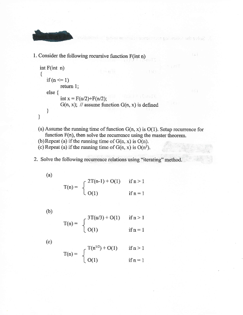 Solved 1. Consider the following recursive function F(int n) | Chegg.com