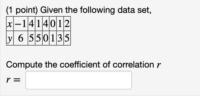 Solved (1 point) Given the following data set, Compute the | Chegg.com