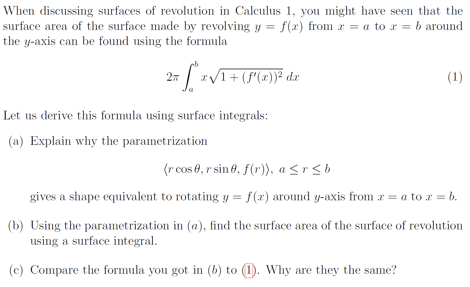 When discussing surfaces of revolution in Calculus 1 | Chegg.com