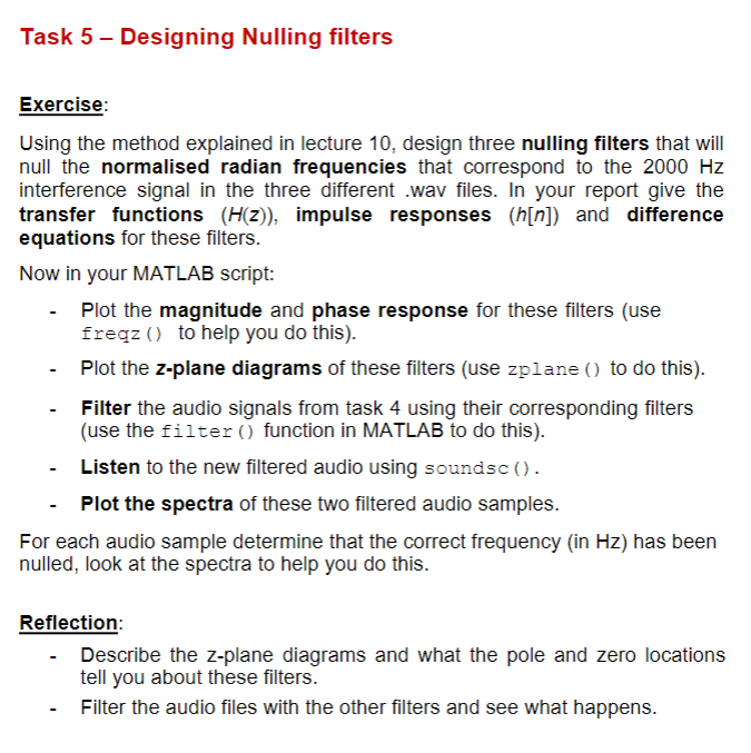 Solved Task 5 - Designing Nulling filters Exercise: Using | Chegg.com