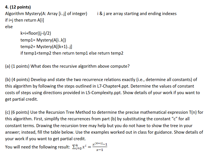 Solved 4. (12 points) Algorithm Mystery(A: Array [i..j] of | Chegg.com