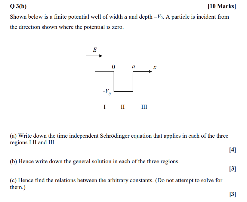 Solved Q3(b) [10 Marks] Shown below is a finite potential | Chegg.com