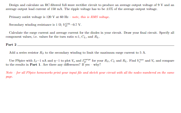 Solved Design and calculate an RC-filtered full-wave | Chegg.com