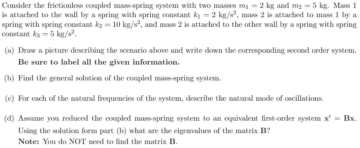 Solved Consider the frictionless coupled mass-spring system | Chegg.com