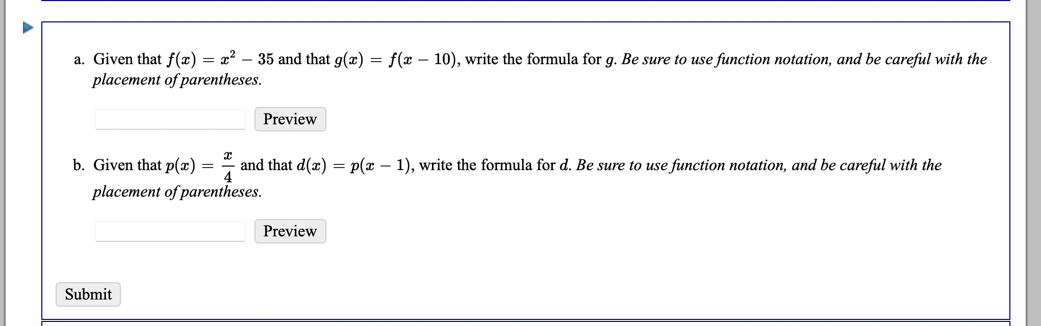 Solved a. Given that f(x)=x2−35 and that g(x)=f(x−10), write | Chegg.com