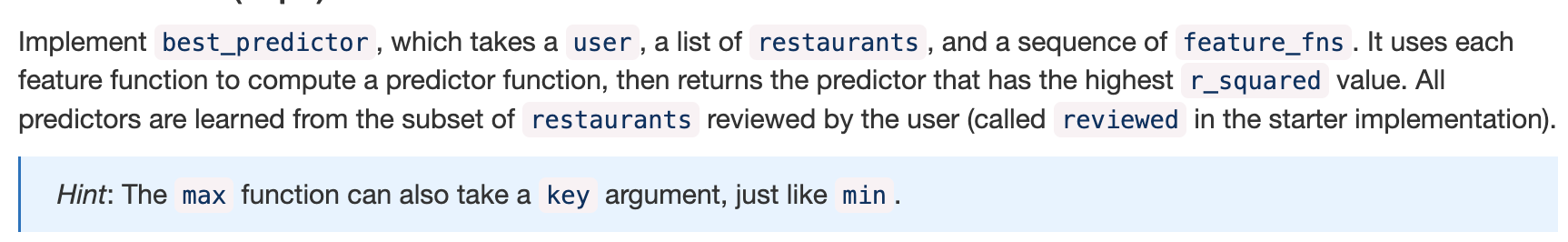 Solved Python def best_predictor(user, restaurants, | Chegg.com