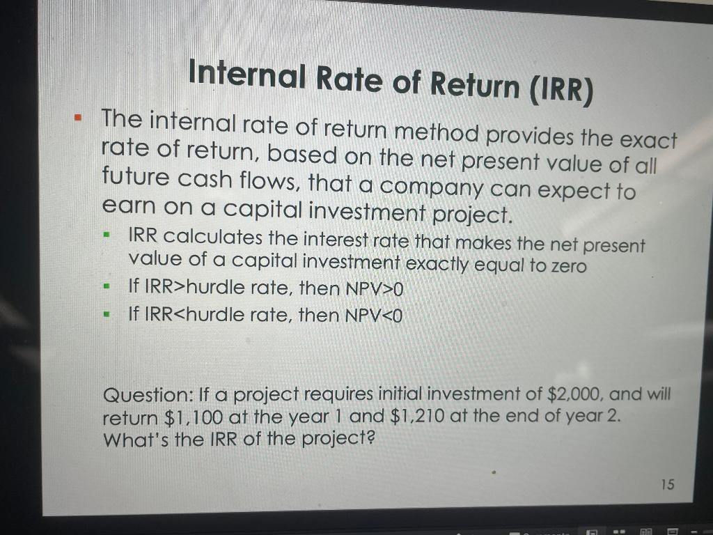 Solved Internal Rate of Return (IRR) The internal rate of | Chegg.com