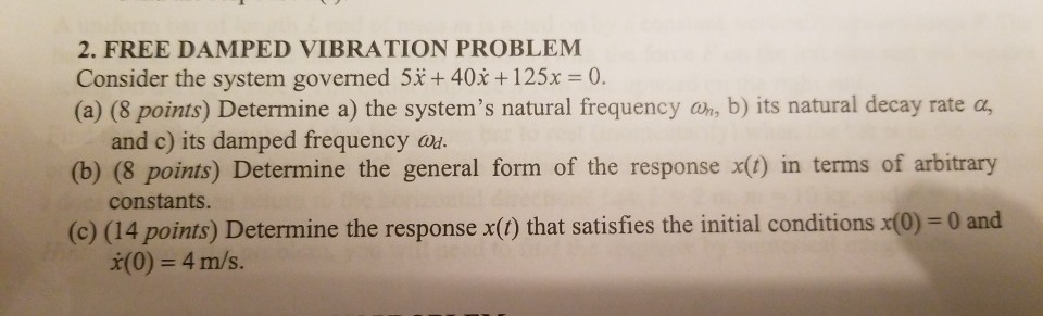 Solved 2. FREE DAMPED VIBRATION PROBLEM Consider the system | Chegg.com