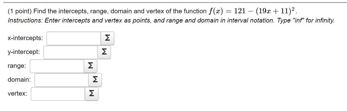 Solved (1 point) Find the intercepts, range, domain and | Chegg.com