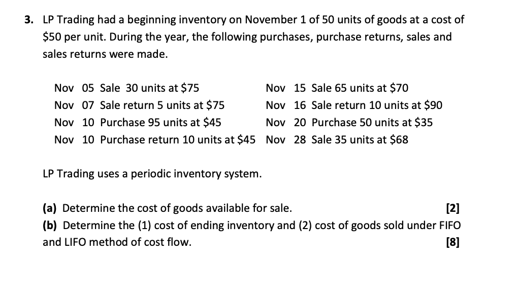 Solved 3. LP Trading had a beginning inventory on November 1 | Chegg.com