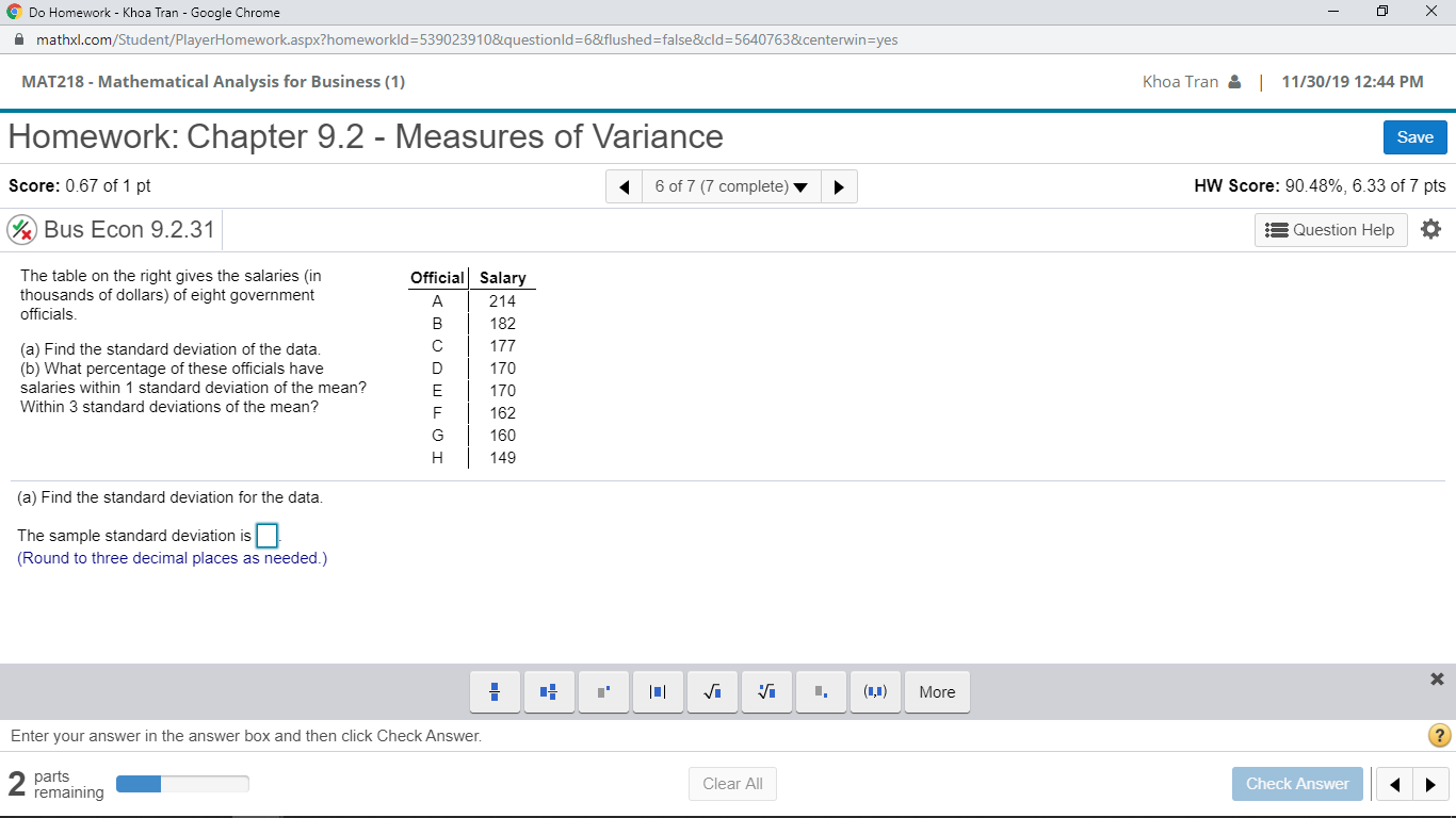Solved - o X Do Homework - Khoa Tran - Google Chrome | Chegg.com