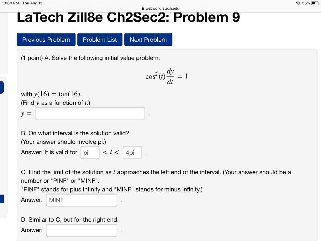 Solved 10:00 PM Thu Aug 15 55% 0 webwork.latech.edu LaTech | Chegg.com