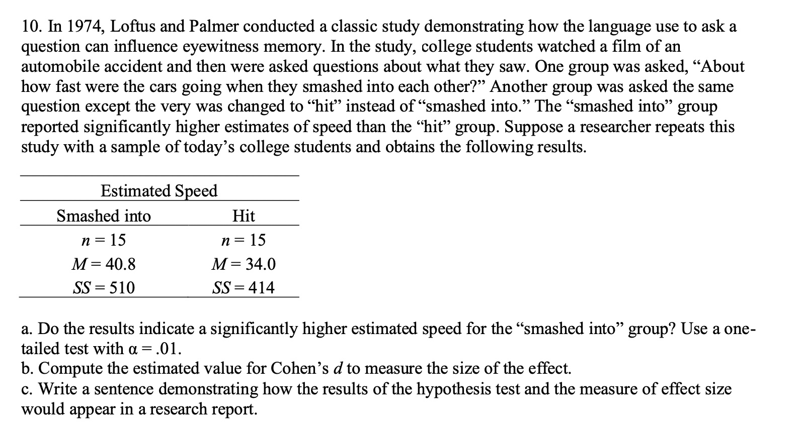 Solved a 10. In 1974, Loftus and Palmer conducted a classic | Chegg.com
