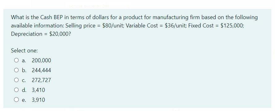 Solved What is the Cash BEP in terms of dollars for a | Chegg.com