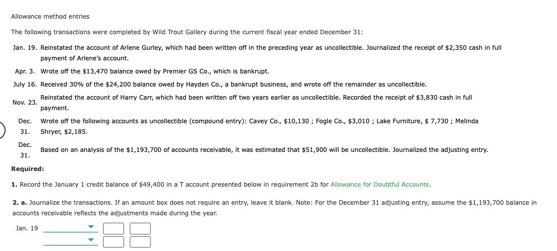 Solved Allowance method entries The following transactions | Chegg.com