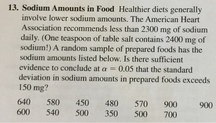 Solved 13. Sodium Amounts in Food Healthier diets generally | Chegg.com