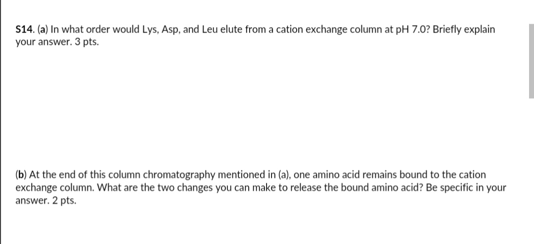 Solved S14. (a) In what order would Lys, Asp, and Leu elute | Chegg.com