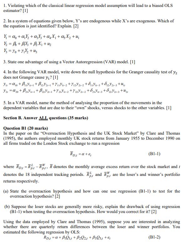 Solved 1. Violating which of the classical linear regression | Chegg.com