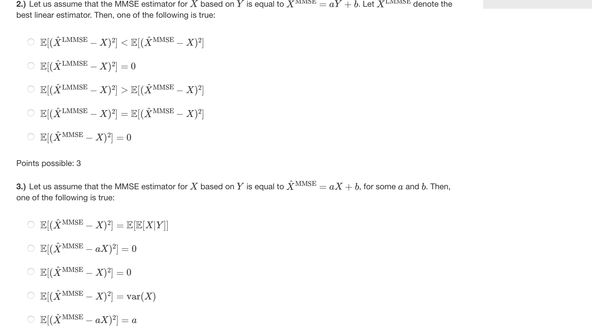 Solved 2.) Let us assume that the MMSE estimator for X based | Chegg.com