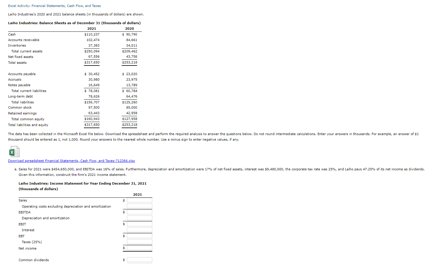 Solved Excel Activity: Financial Statements, Cash Flow, and | Chegg.com