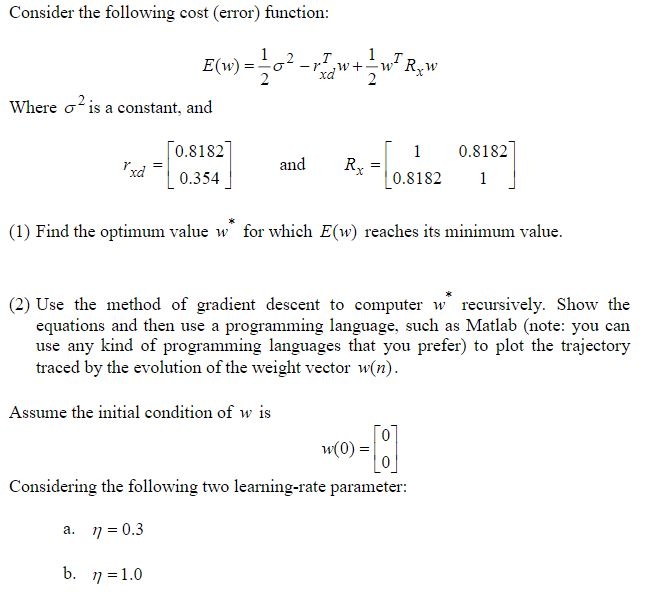 Solved Consider the following cost (error) function: Where | Chegg.com
