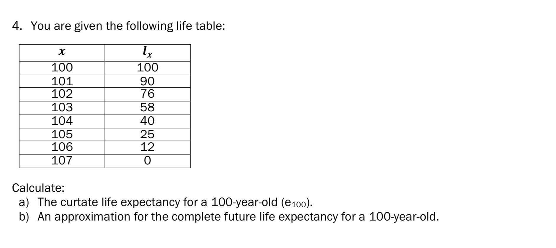 Solved You are given the following life table:Calculate:a) | Chegg.com