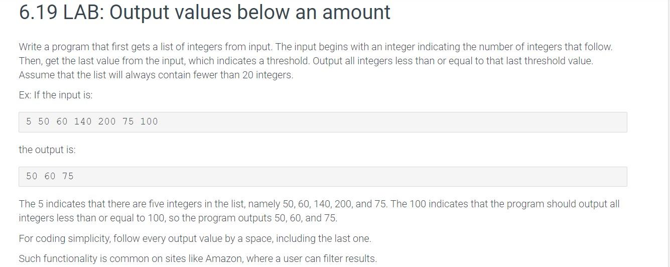 Solved 619 Lab Output Values Below An Amount Write A 