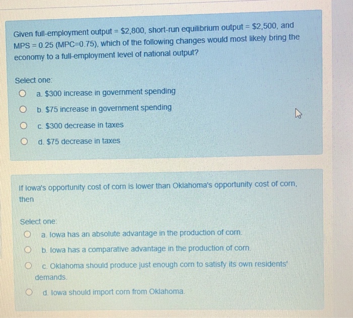 Solved Given full-employment output = $2,800, short-run | Chegg.com