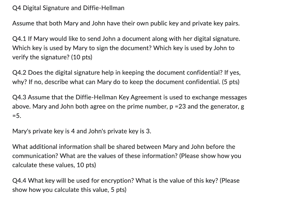 Solved Q4 Digital Signature and Diffie-Hellman Assume that | Chegg.com