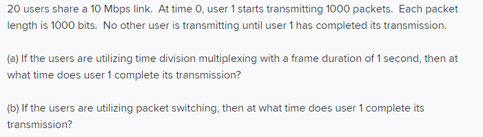 Solved 20 users share a 10 Mbps link. At time 0, user 1 | Chegg.com