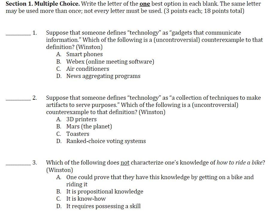 Solved Section 1. Multiple Choice. Write the letter of the | Chegg.com