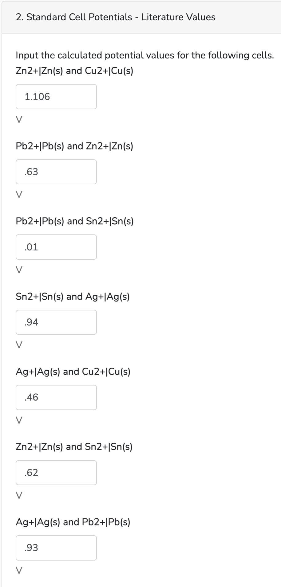 Solved 2. Standard Cell Potentials - Literature Values Input | Chegg.com