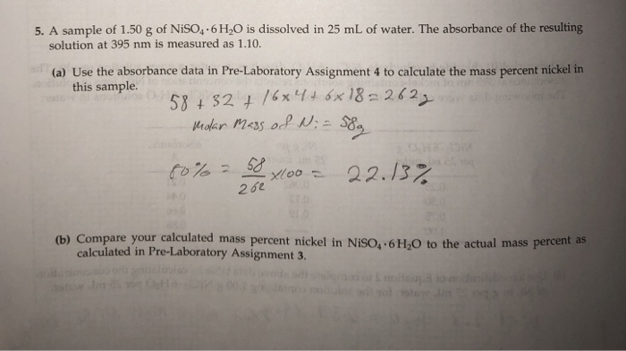 5. A sample of 1.50 g of NiSO4 6 H20 is dissolved in | Chegg.com