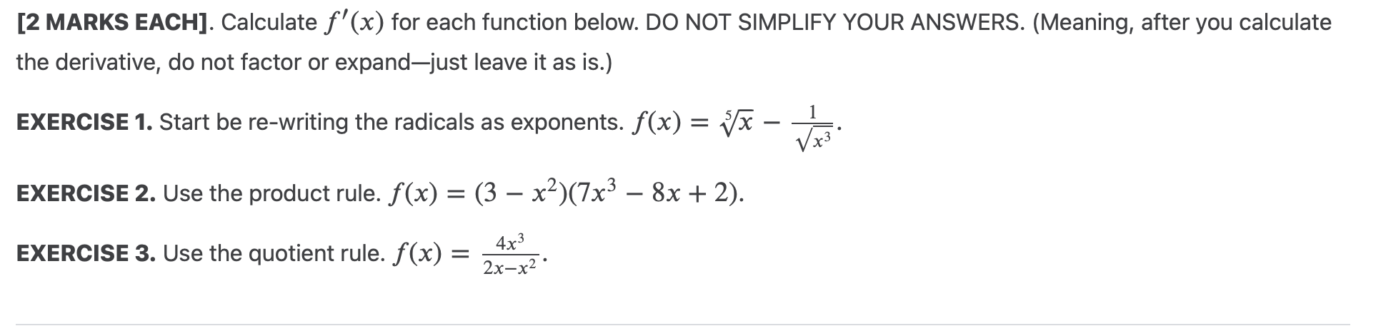 Solved [2 ﻿MARKS EACH]. ﻿Calculate f'(x) ﻿for each function | Chegg.com