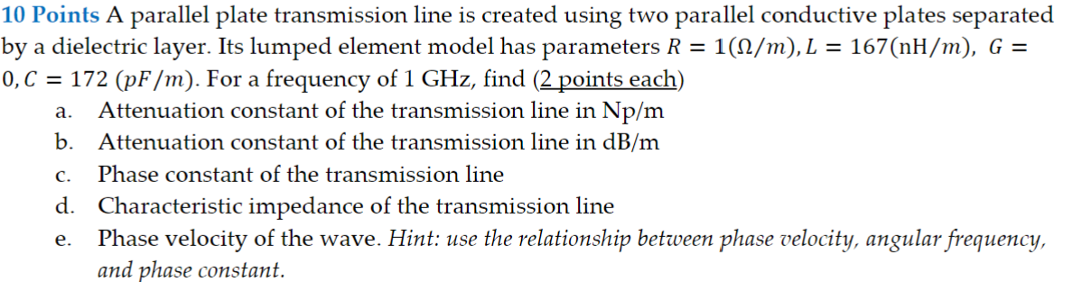 Solved 10 Points A parallel plate transmission line is | Chegg.com