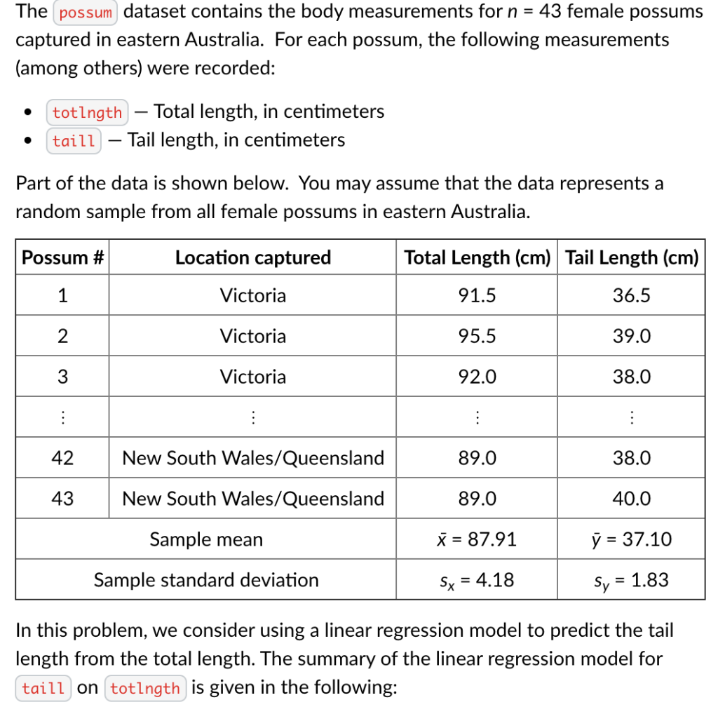 Solved The possum dataset contains the body measurements for | Chegg.com