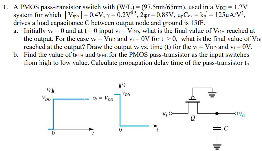 Solved 1. A PMOS pass-transistor switch with (W/L) = | Chegg.com