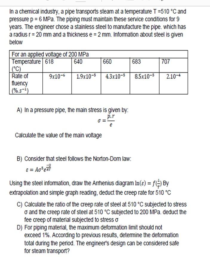 Solved In a chemical industry, a pipe transports steam at a | Chegg.com