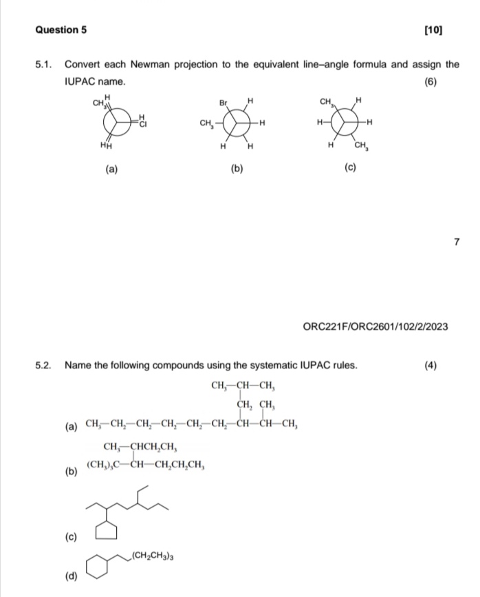 Solved Question 5 [10] 5.1. Convert each Newman projection | Chegg.com