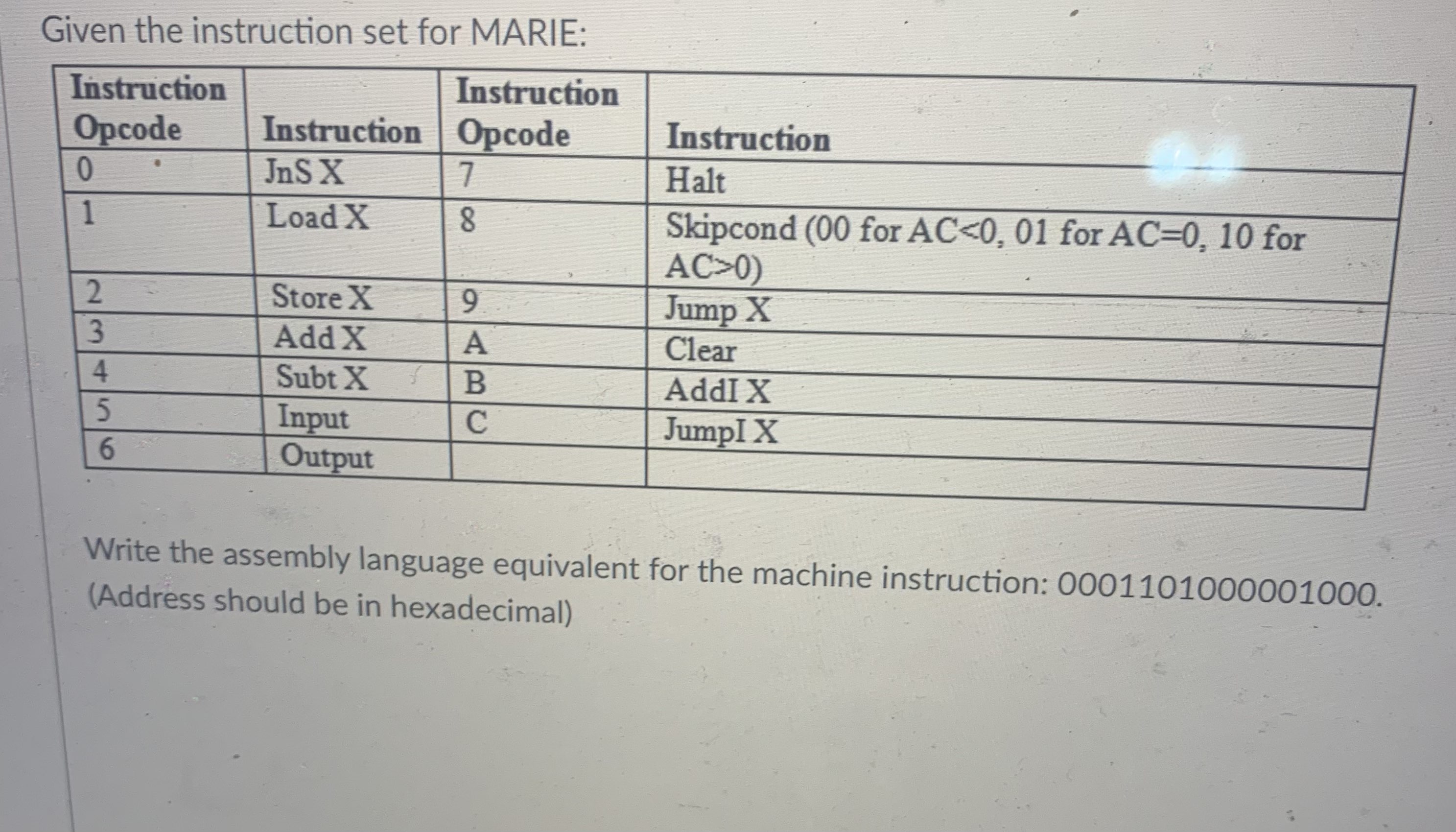 Solved Given the instruction set for MARIE: Write the | Chegg.com