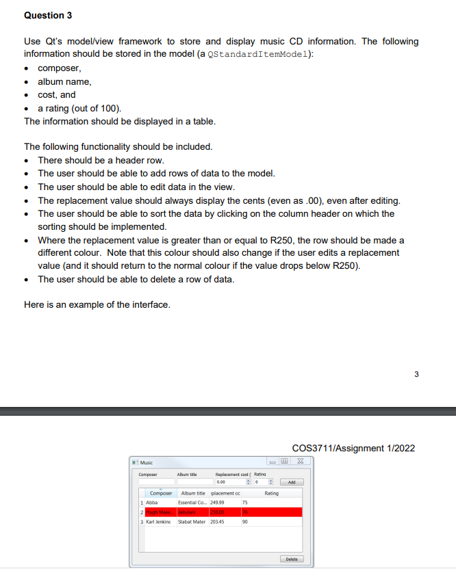 Solved Question 3 Use Qt's model/view framework to store and | Chegg.com