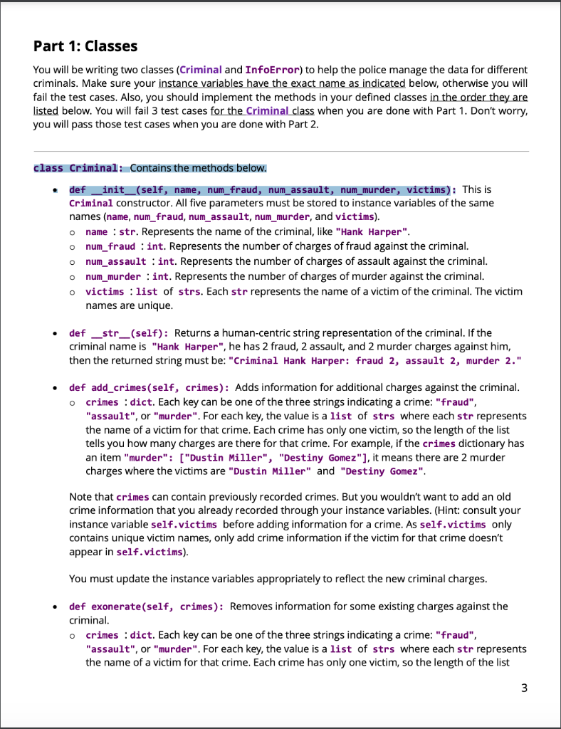 Part 1: Classes You will be writing two classes | Chegg.com