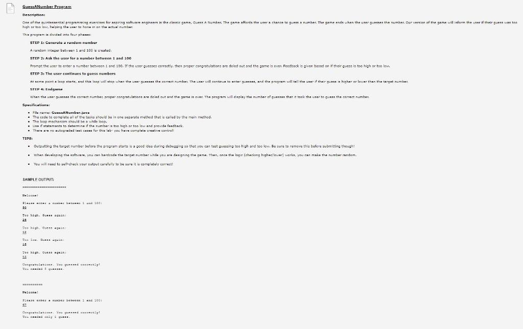 Solved GuessANumber Program Description: One of the | Chegg.com