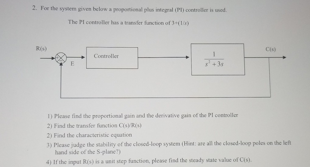 Solved 2. For the system given below a proportional plus | Chegg.com