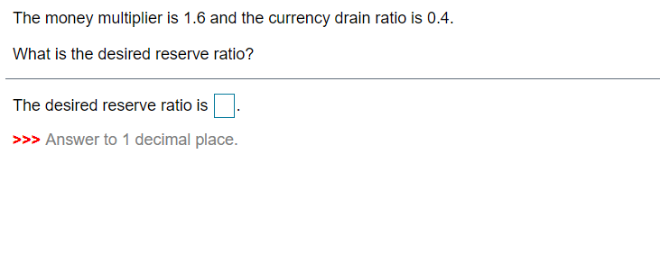 Solved The money multiplier is 1.6 and the currency drain | Chegg.com