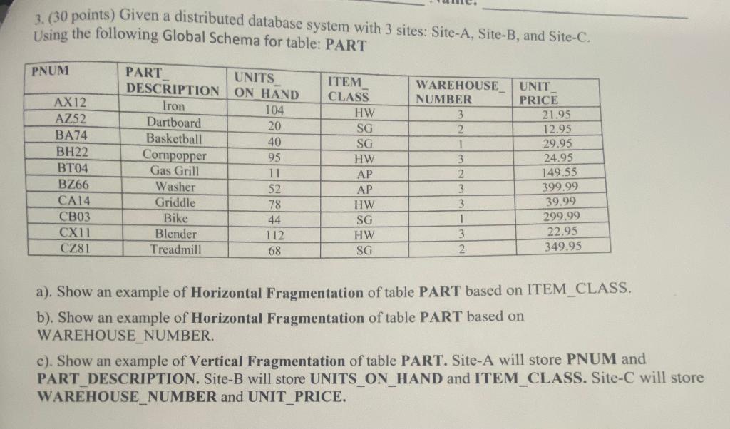 Solved 3. (30 points) Given a distributed database system | Chegg.com