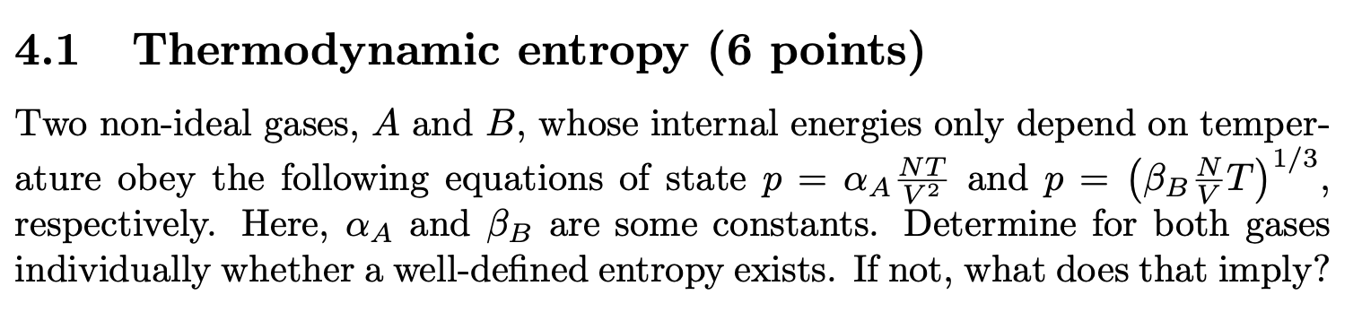 Solved 4.1 Thermodynamic entropy (6 points) Two non-ideal | Chegg.com