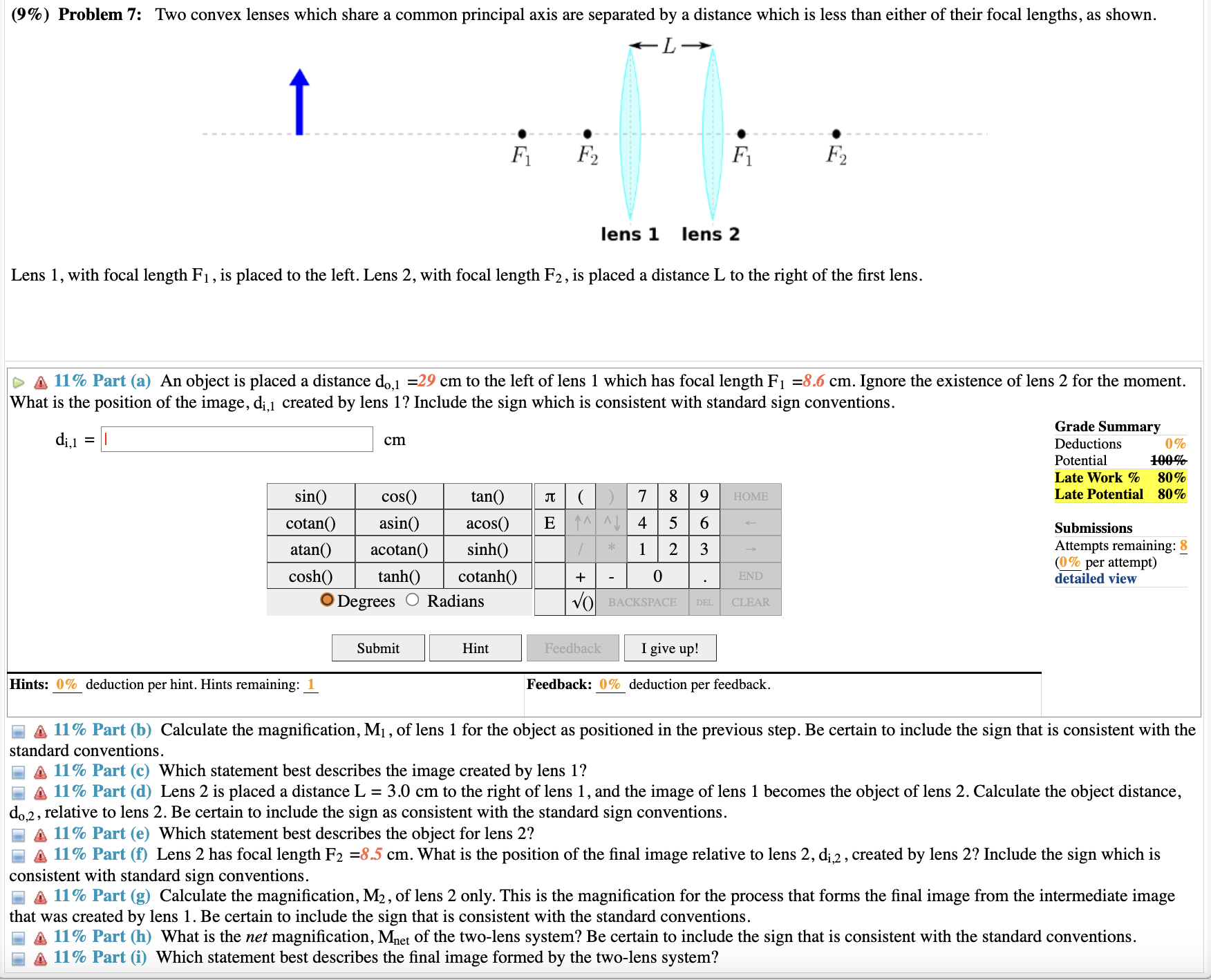 Solved 11% Part (a) An object is placed a distance do,1=29 | Chegg.com