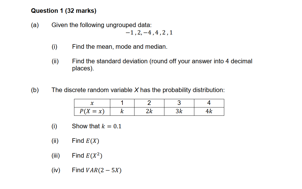 Solved (a) Given the following ungrouped data: −1,2,−4,4,2,1 | Chegg.com