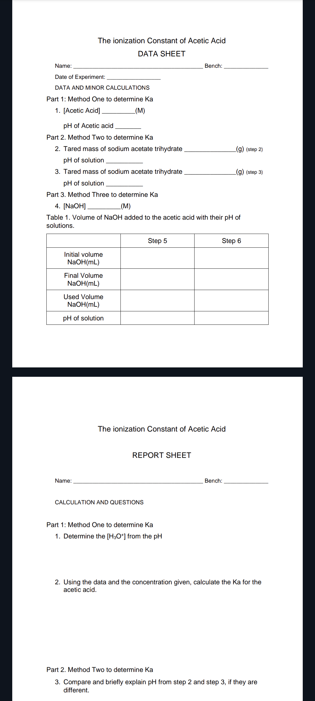 Solved Name: Date of Experiment: Bench: DATA AND MINOR | Chegg.com